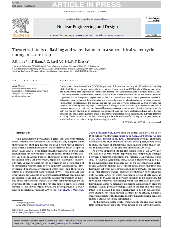 (PDF) Theoretical study of flashing and water hammer in a supercritical ...