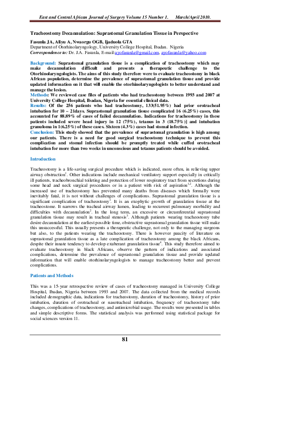 (PDF) Tracheostomy Decannulation: Suprastomal Granulation Tissue in ...