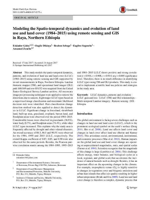 (PDF) Modeling the Spatio-temporal dynamics and evolution of land use and land cover (1984–2015 ...