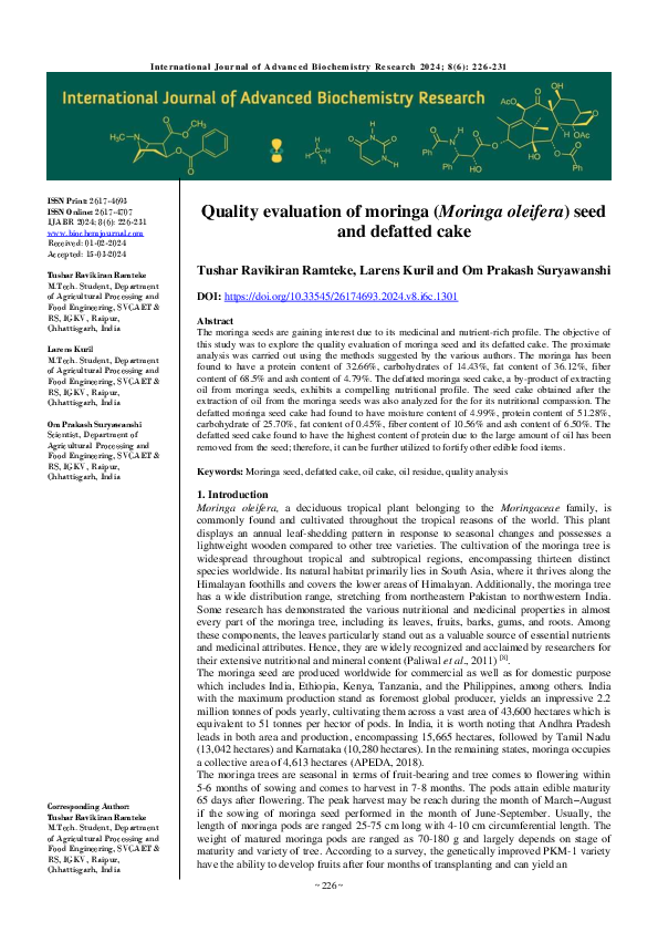 (PDF) Quality evaluation of moringa (Moringa oleifera) seed and ...