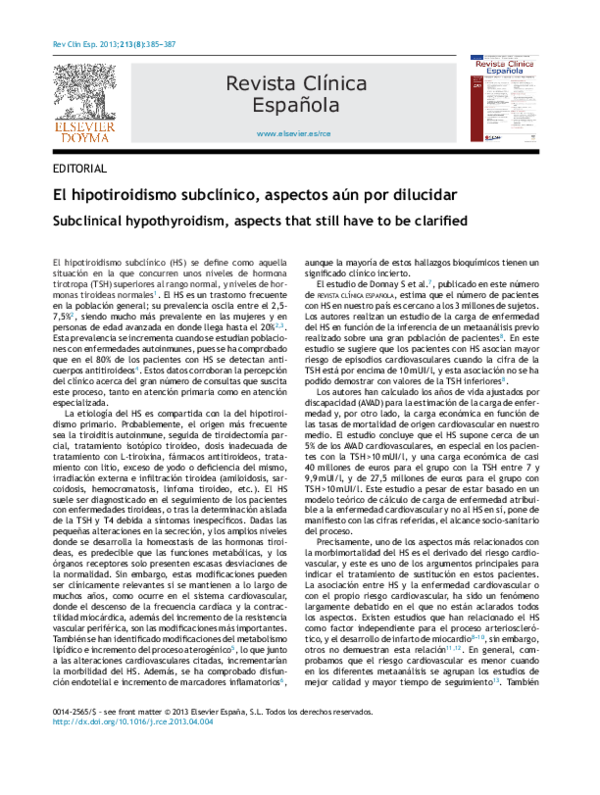 (PDF) El hipotiroidismo subclínico, aspectos aún por dilucidar