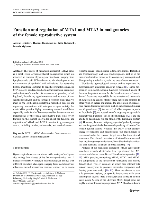 (PDF) Function and regulation of MTA1 and MTA3 in malignancies of the female reproductive system