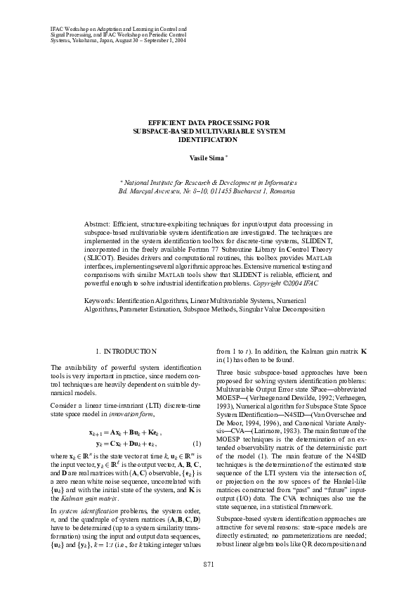 Pdf Efficient Data Processing For Subspace Based Multivariable System Identification