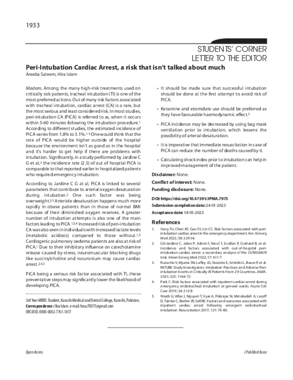 (PDF) Peri-Intubation Cardiac Arrest, a risk that isn’t talk about much