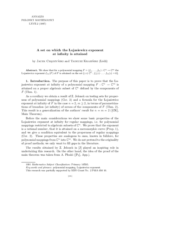 (PDF) A set on which the Łojasiewicz exponent at infinity is attained