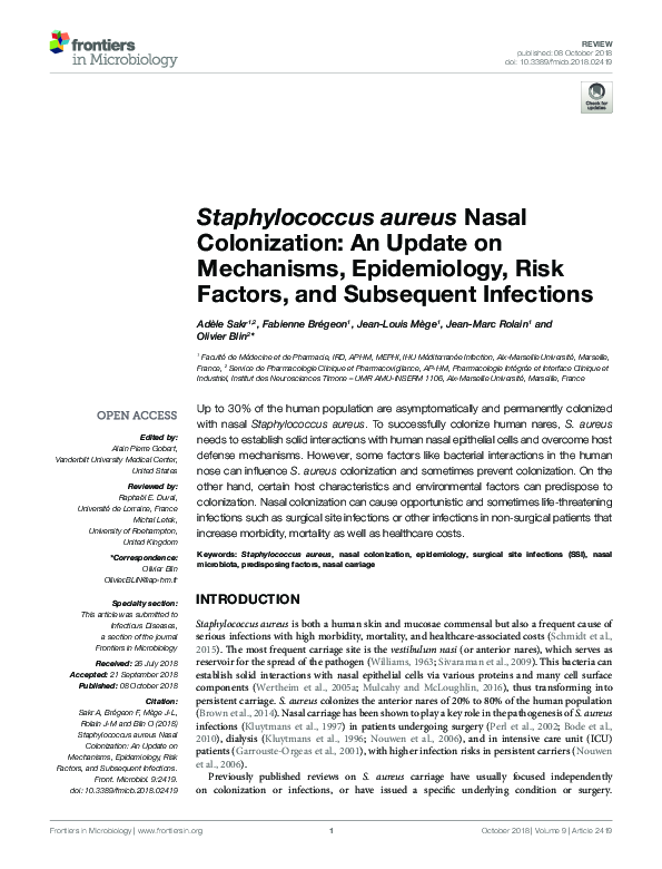(PDF) Staphylococcus aureus Nasal Colonization: An Update on Mechanisms ...