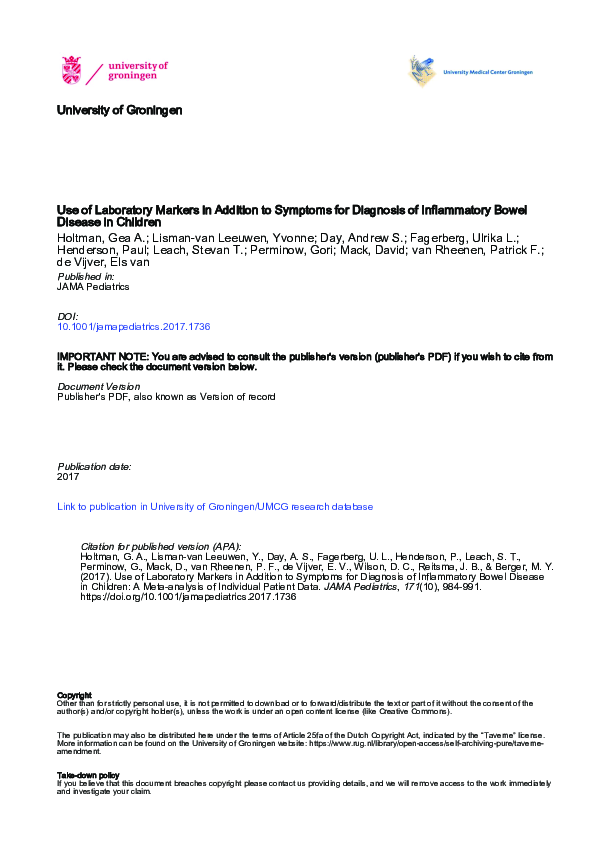 (PDF) Use of Laboratory Markers in Addition to Symptoms for Diagnosis ...