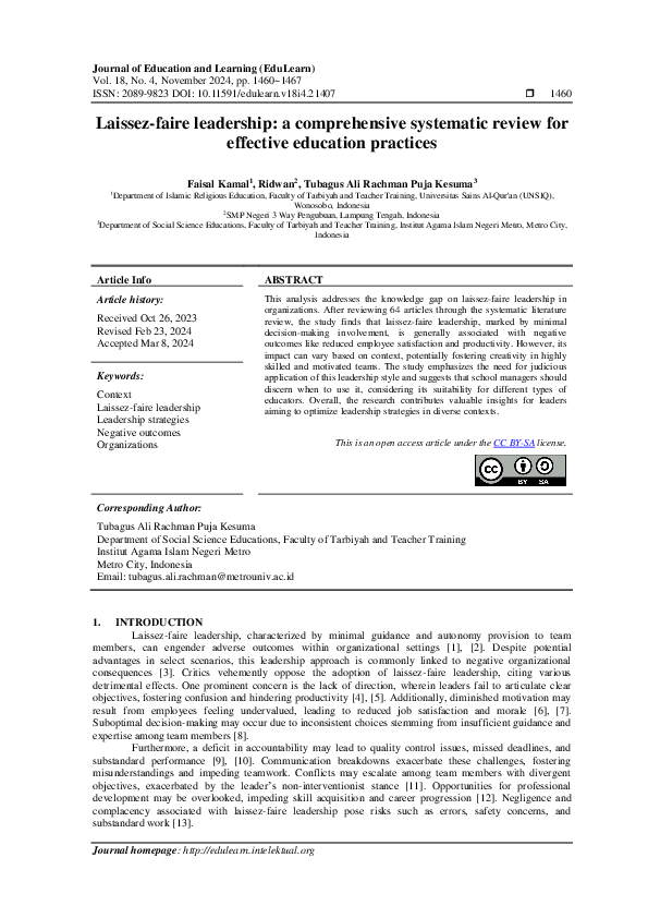 (PDF) Laissez-faire leadership: a comprehensive systematic review for effective education practices
