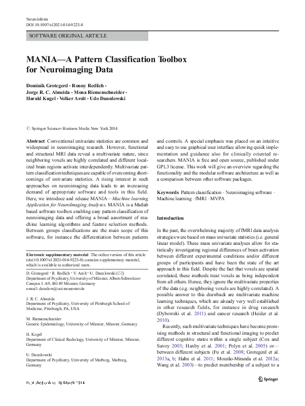 (PDF) MANIA—A Pattern Classification Toolbox for Neuroimaging Data ...
