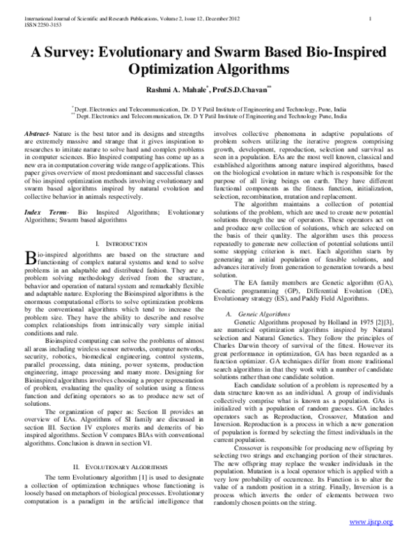 (PDF) A Survey : Evolutionary and Swarm Based Bio-Inspired Optimization Algorithms