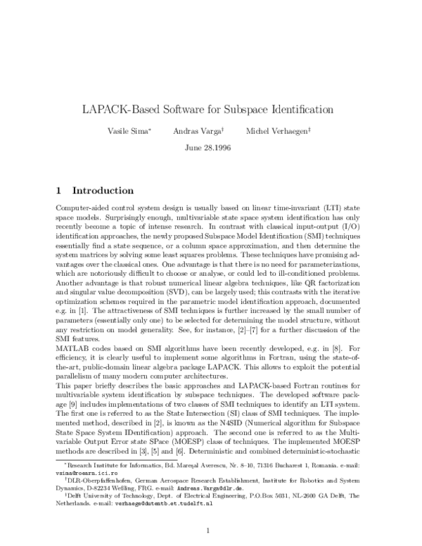 (PDF) LAPACK-Based Software for Subspace Identification