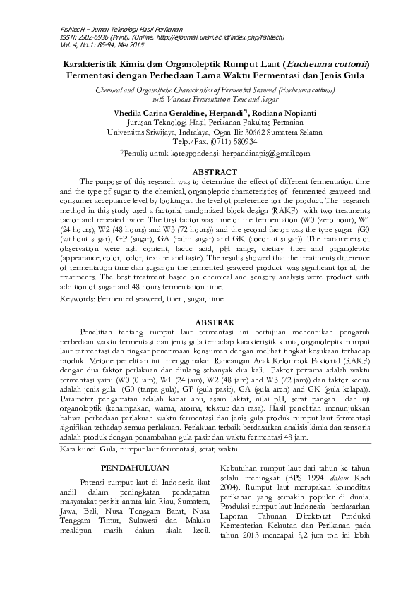 (PDF) Karakteristik Kimia dan Organoleptik Rumput Laut (Eucheuma cottonii) Fermentasi dengan ...