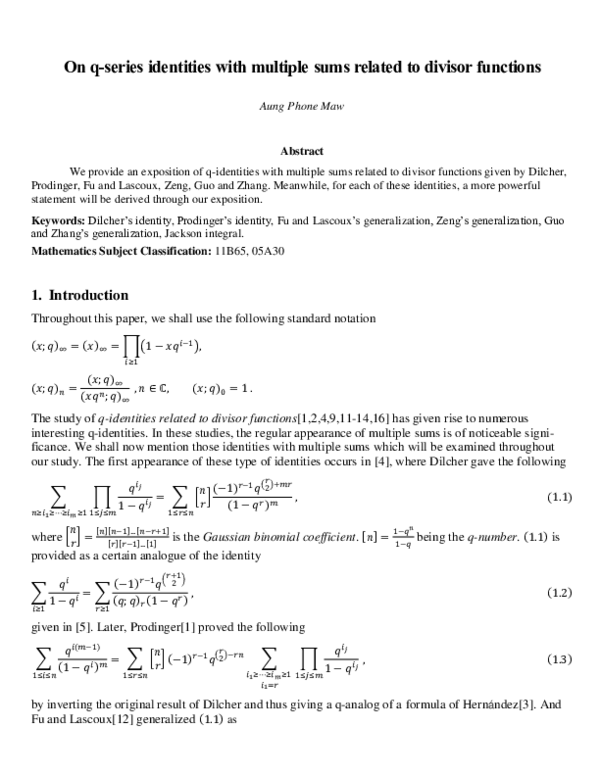 (PDF) On q-series identities with multiple sums related to divisor ...