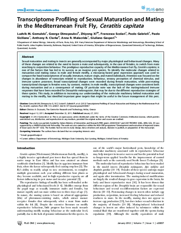 (PDF) Transcriptome Profiling of Sexual Maturation and Mating in the Mediterranean Fruit Fly ...
