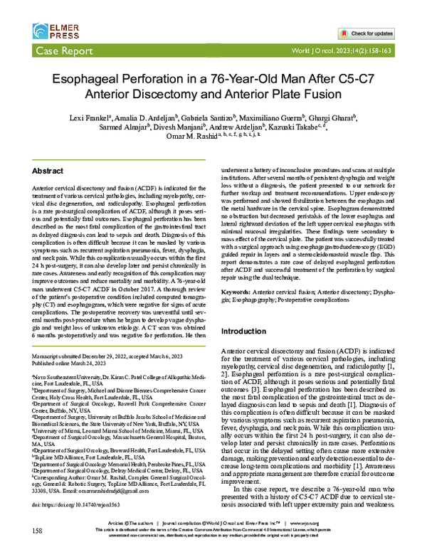 (PDF) Esophageal Perforation in a 76-Year-Old Man After C5-C7 Anterior Discectomy and Anterior ...