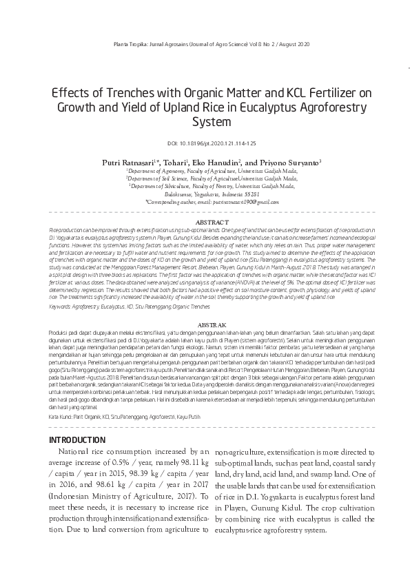 (PDF) Effect of Trenches with Organic Matter and KCl Fertilizer on ...