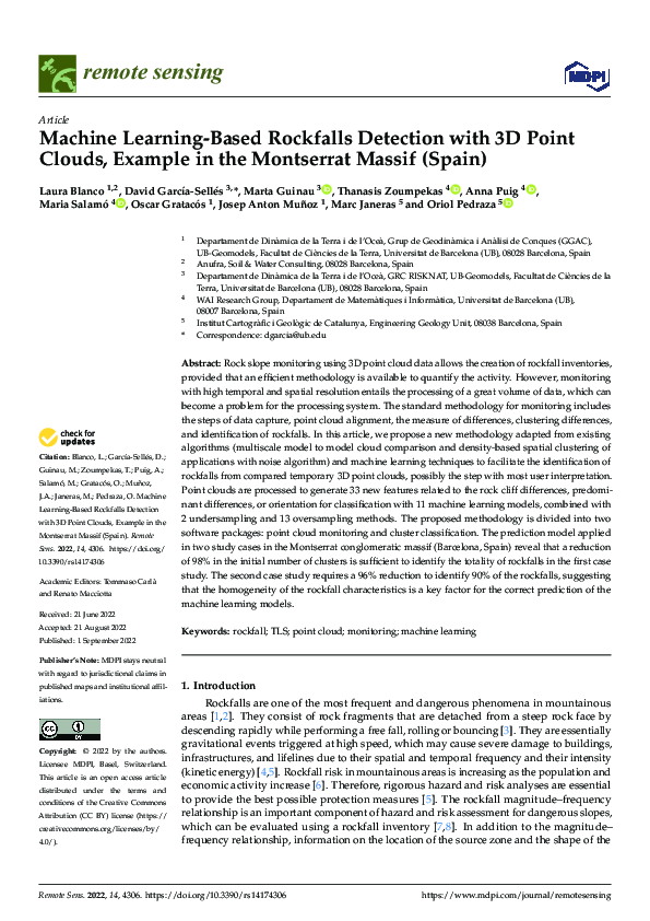 (PDF) Machine Learning-Based Rockfalls Detection with 3D Point Clouds, Example in the Montserrat ...