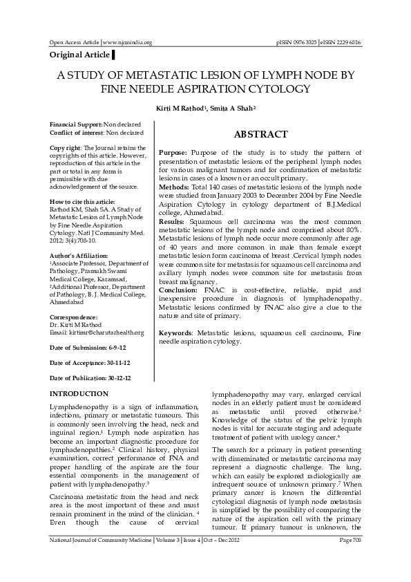 (PDF) A STUDY OF METASTATIC LESION OF LYMPH NODE BY FINE NEEDLE ...