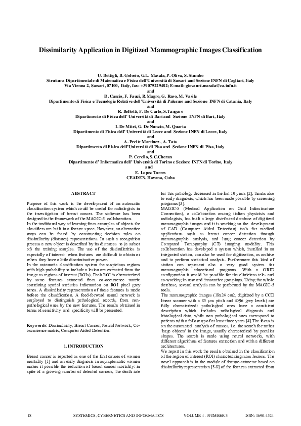 (PDF) Dissimilarity application in digitized mammographic images classification