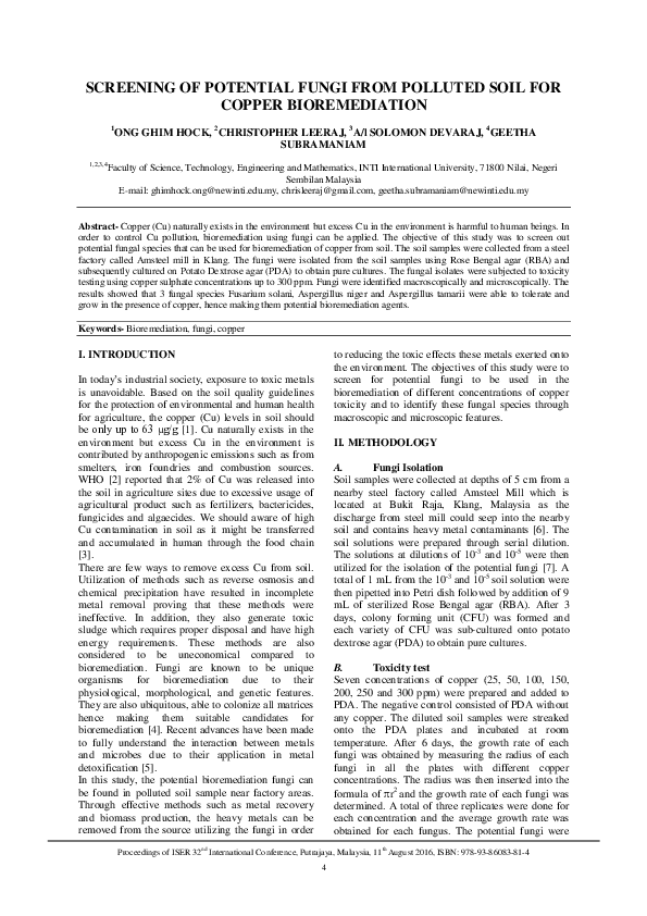(PDF) Screening of Potential Fungi from the Polluted Soil for Copper Bioremediation