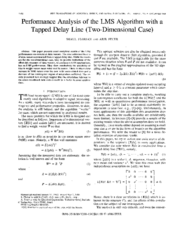 (PDF) Performance analysis of the LMS algorithm with a tapped delay line (two-dimensional case)