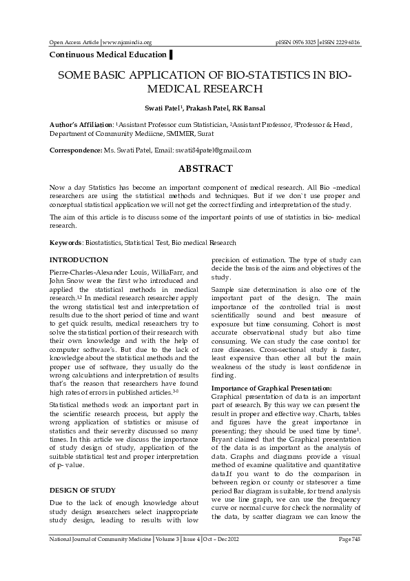 (PDF) SOME BASIC APPLICATION OF BIO-STATISTICS IN BIO-MEDICAL RESEARCH