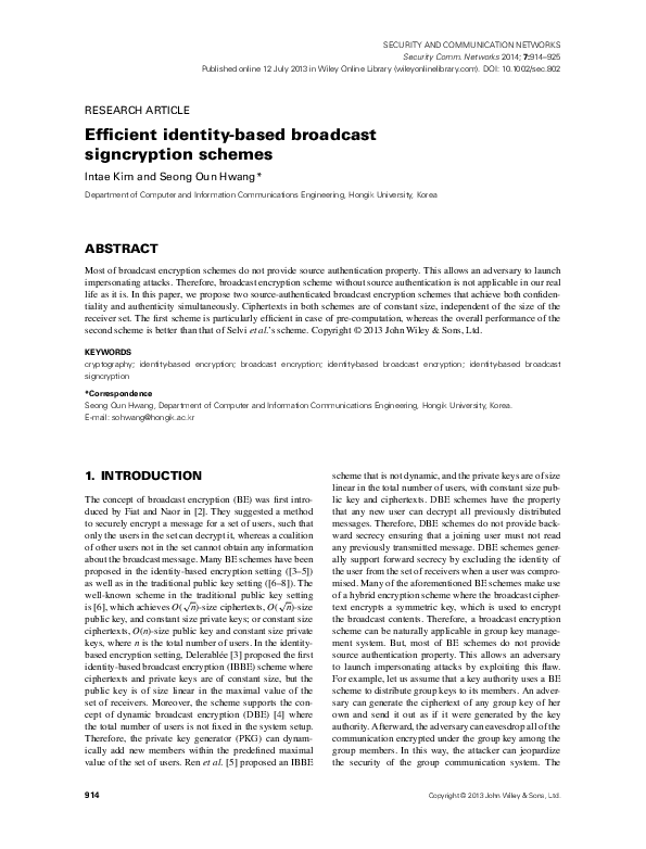 (PDF) An Efficient Identity-Based Broadcast Signcryption Scheme