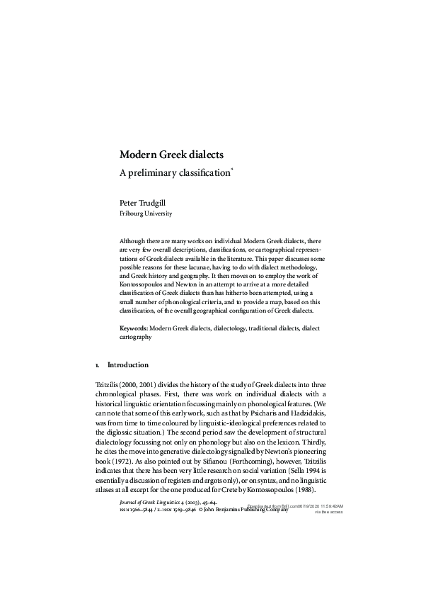 (PDF) Modern Greek dialects: A preliminary classification