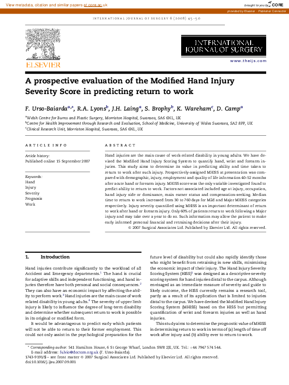 (PDF) A prospective evaluation of the Modified Hand Injury Severity ...