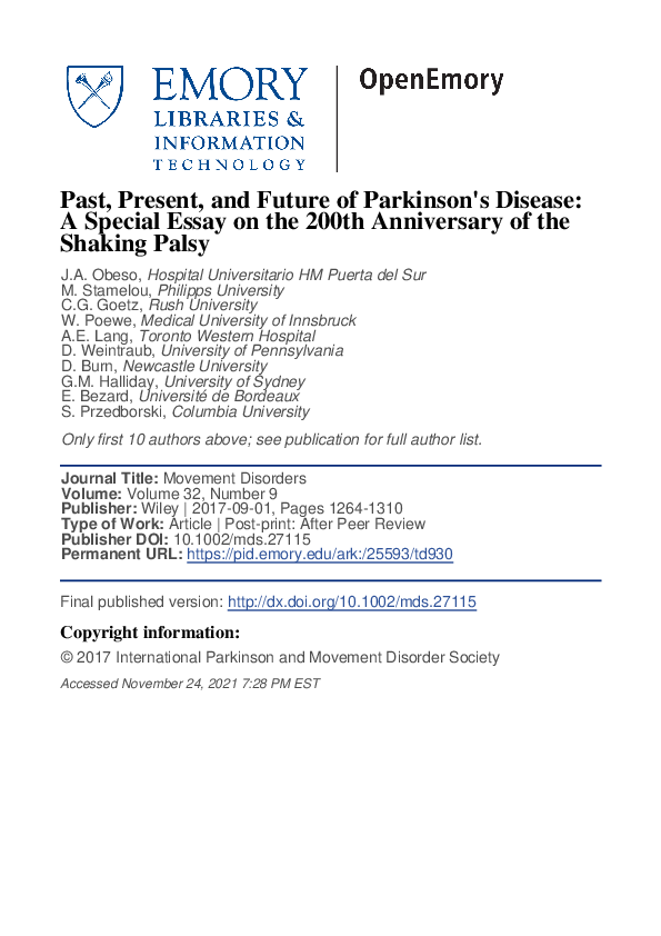 (PDF) Past, present, and future of Parkinson's disease: A special essay ...