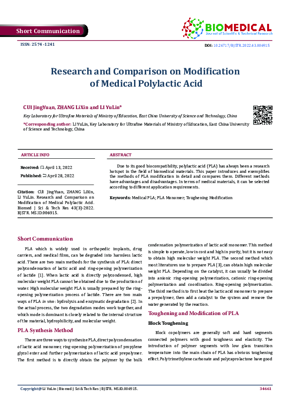 (PDF) Research and Comparison on Modification of Medical Polylactic Acid