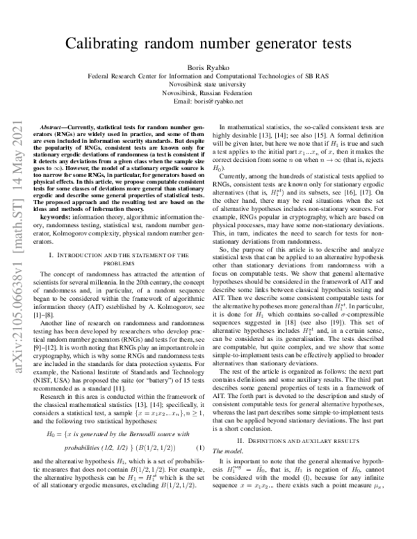 (PDF) Calibrating random number generator tests