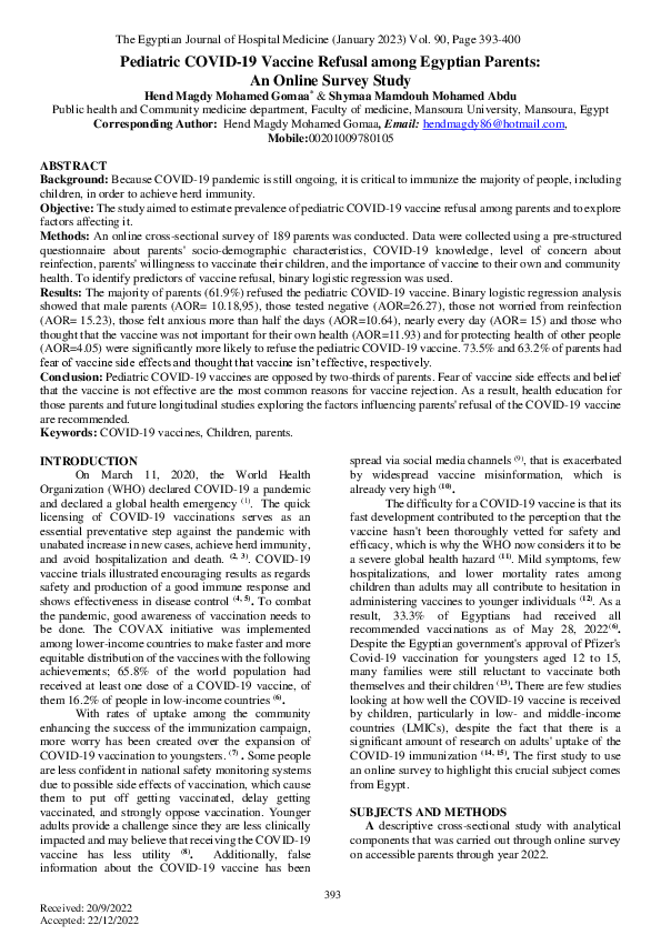 (PDF) Pediatric COVID-19 Vaccine Refusal among Egyptian Parents: An ...