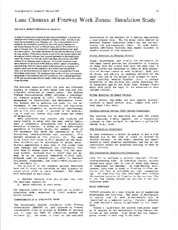(PDF) Lane Closures at Freeway Work Zones: Simulation Study