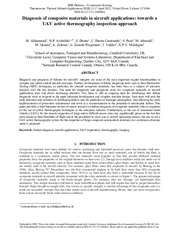 (PDF) Diagnosis of composite materials in aircraft applications: towards a UAV active ...