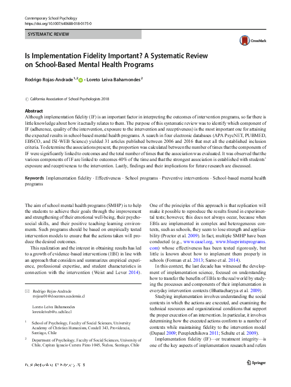 (PDF) Is Implementation Fidelity Important? A Systematic Review on School-Based Mental Health ...