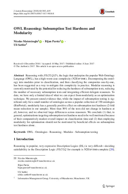 (PDF) OWL Reasoning: Subsumption Test Hardness and Modularity
