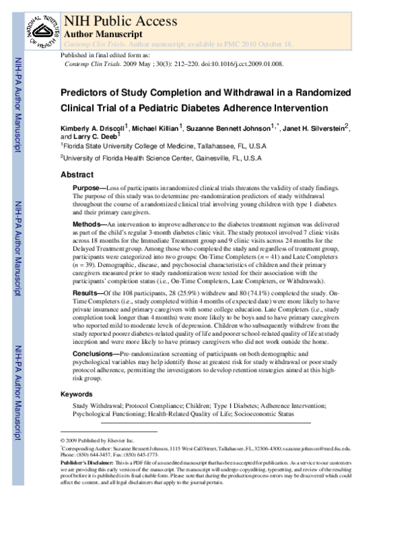 (PDF) Predictors of study completion and withdrawal in a randomized ...