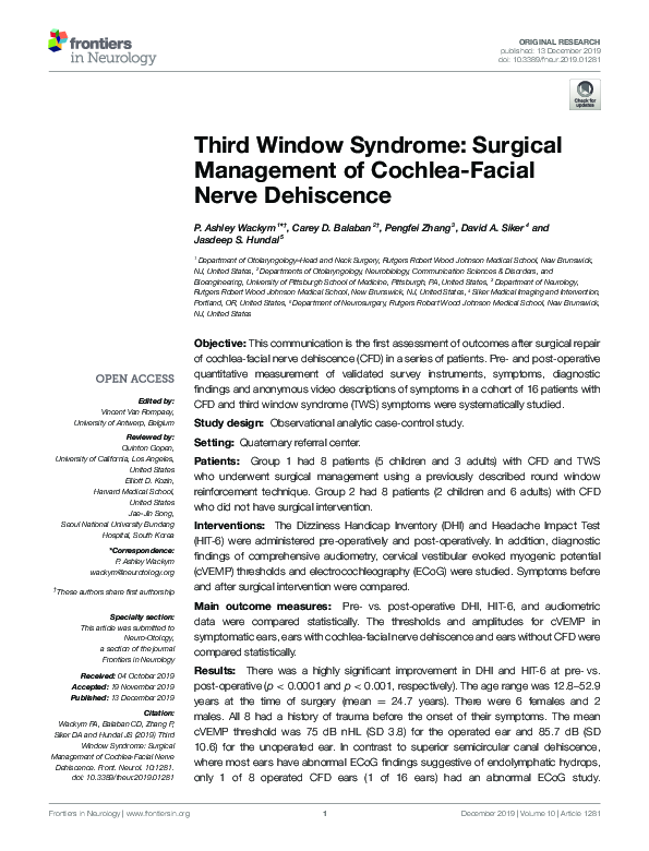 (PDF) Third Window Syndrome: Surgical Management of Cochlea-Facial ...