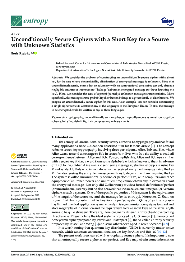 (PDF) Unconditionally Secure Ciphers with a Short Key for a Source with ...