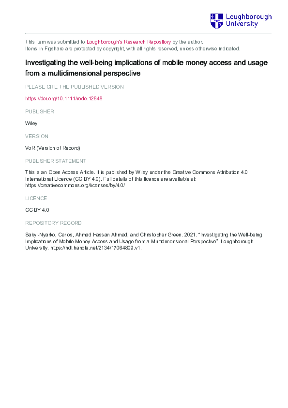 (PDF) Investigating the well‐being implications of mobile money access ...