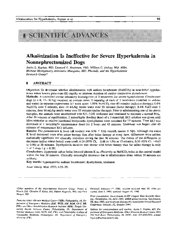 (PDF) Alkalinization Is Ineffective for Severe Hyperkalemia in Nonnephrectomized Dogs