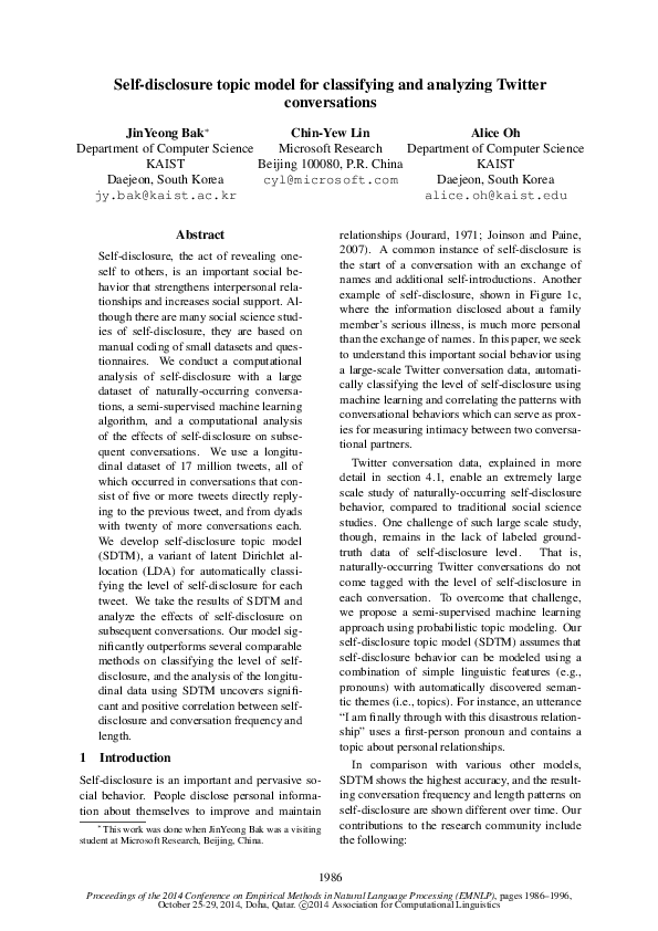 (PDF) Classifying Self-Disclosure in Twitter Chats
