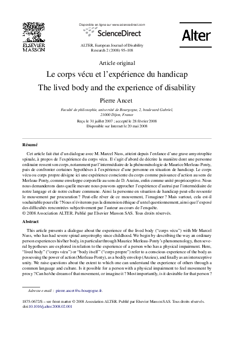 (PDF) Le corps vécu et l’expérience du handicap