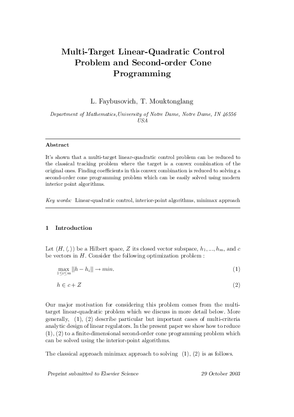 (PDF) Multi-target linear-quadratic control problem and second-order cone programming