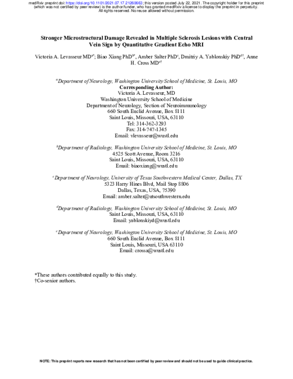 (PDF) Stronger Microstructural Damage Revealed in Multiple Sclerosis Lesions with Central Vein ...