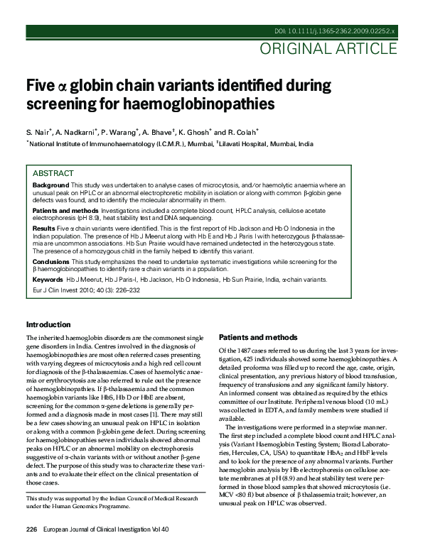 (PDF) Five α globin chain variants identified during screening for ...