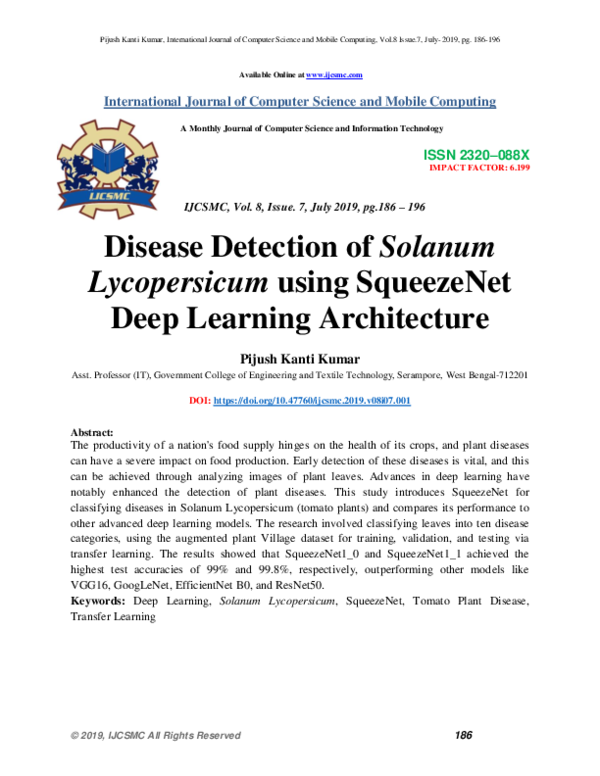(PDF) Disease Detection of Solanum Lycopersicum using SqueezeNet Deep Learning Architecture