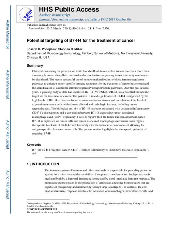 (PDF) Potential targeting of B7-H4 for the treatment of cancer