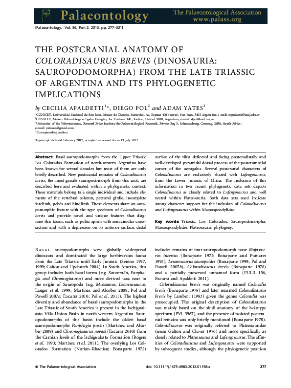 (PDF) The postcranial anatomy of Coloradisaurus brevis (Dinosauria ...